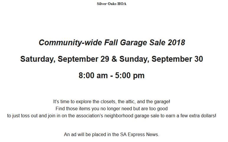 Community-wide Fall Garage Sale 2018 – Silver Oaks Neighborhood News